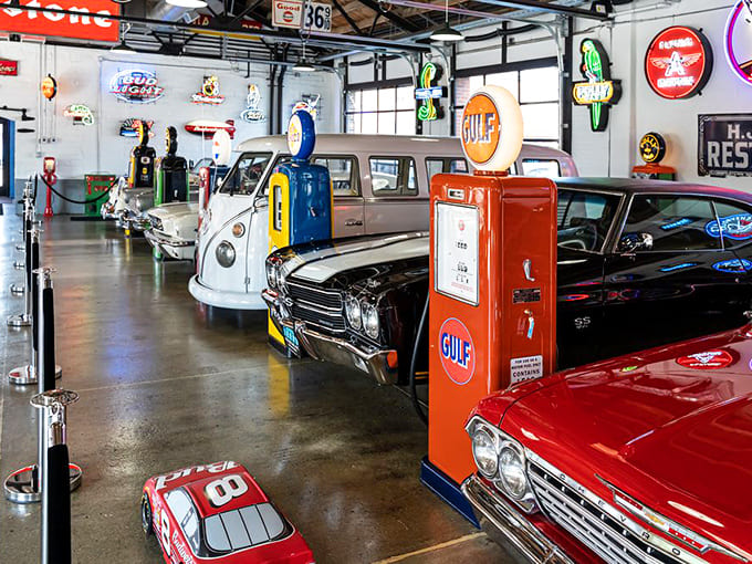 Chrome gleams under carefully positioned lights as vintage automobiles share floor space with diners. Who needs wall art when you have Detroit masterpieces?
