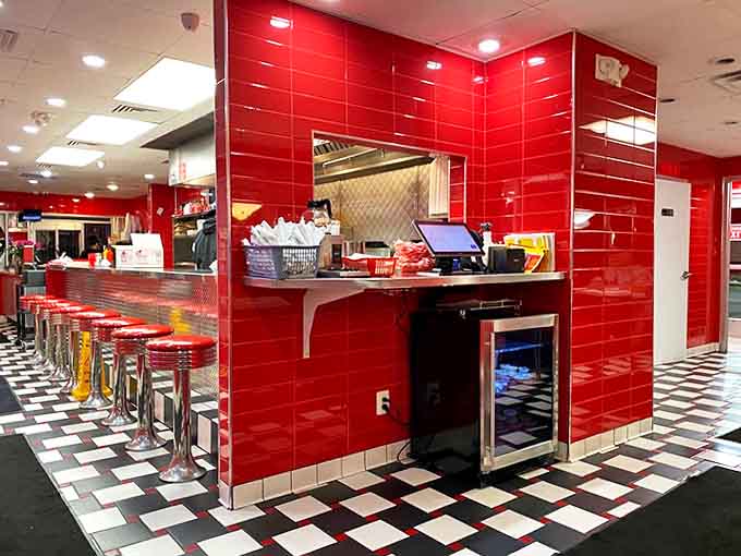 Vintage interior: Red booths and chrome accents create the perfect stage for your own personal episode of "Happy Days" &ndash; Fonzie would approve.