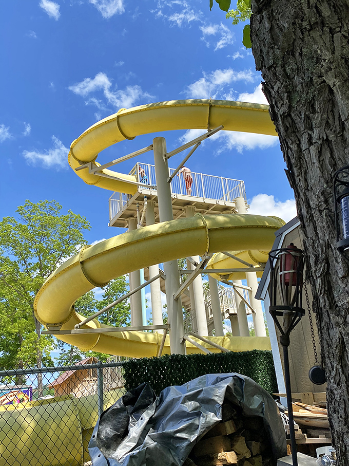 The yellow water slide twists with promise, beckoning the brave and the giggle-prone to take the plunge into summer joy.