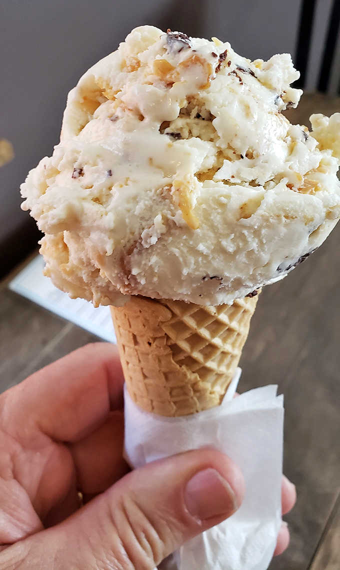 Pure joy in a waffle cone! This creamy masterpiece proves that happiness can indeed be purchased, at least temporarily.