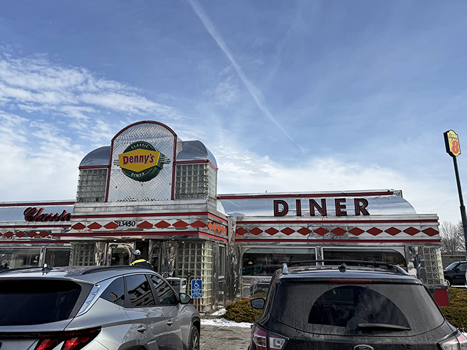 This Rogers Denny's surprises with its spectacular stainless steel diner architecture, more museum piece than chain restaurant.