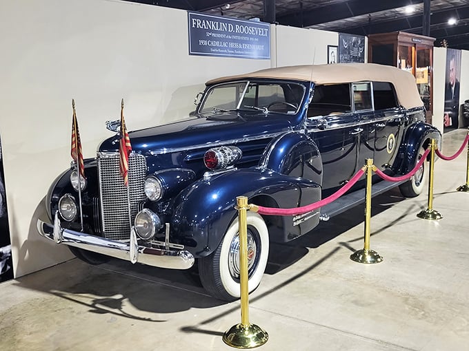 FDR's magnificent 1938 Cadillac convertible sedan exudes presidential dignity with every curve &ndash; mobile American history in deep blue.