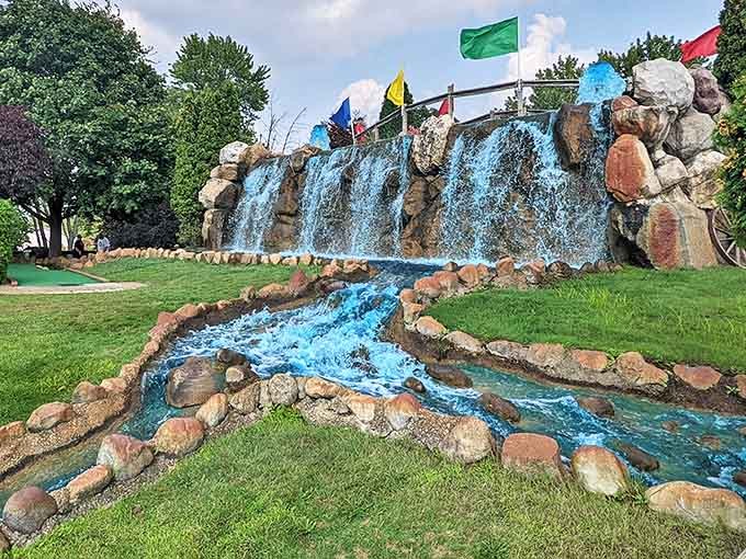 Nature meets imagination in this cascading blue centerpiece that transforms ordinary mini-golf into an adventure worthy of explorer documentaries.