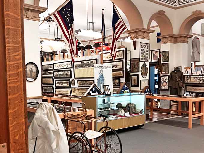 American military memorabilia fills every corner, creating a visual timeline of courage and sacrifice that spans from the Revolution to modern conflicts.