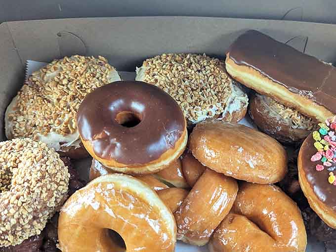 Assorted Donuts: A cardboard ark of donut diversity &ndash; chocolate, glazed, and nut-covered varieties living in delicious harmony.