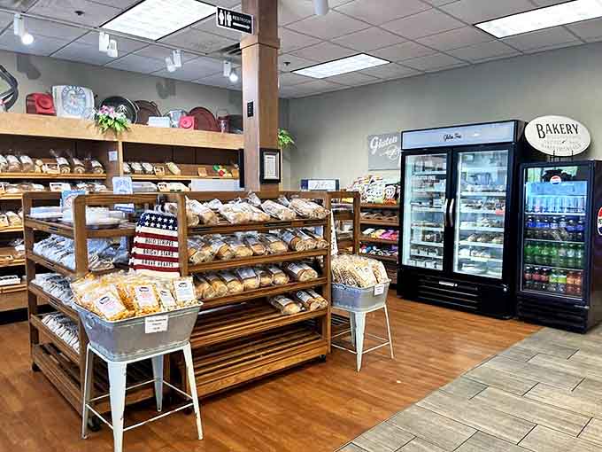 The bakery section tempts with freshly baked breads, pastries, and treats arranged on wooden shelves &ndash; resistance is futile when faced with this much carb-loaded glory.