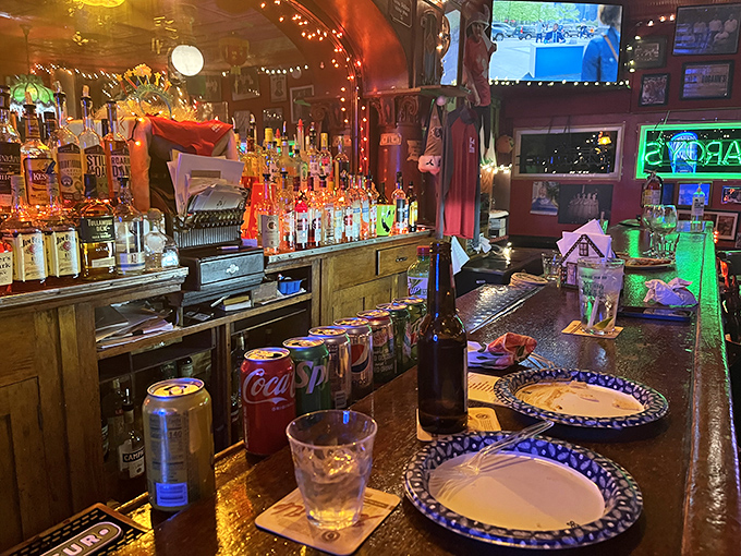 The legendary bar area features a ceiling decorated with decades of undergarments, a tradition as unique as the establishment itself.