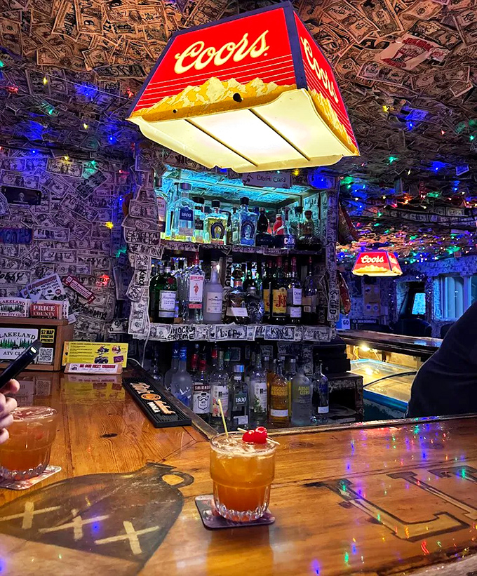 Little Brown Jug&rsquo;s dollar-covered bar and glowing lights set the mood for a perfect Northwoods stop.