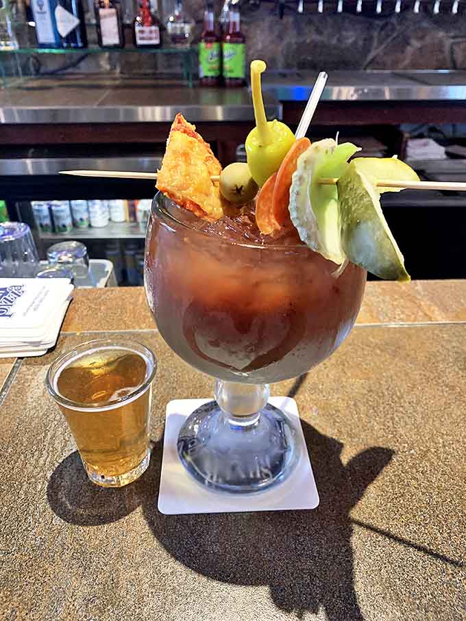 This isn't just a Bloody Mary – it's practically a meal, garnished with enough goodies to constitute a small appetizer plate.