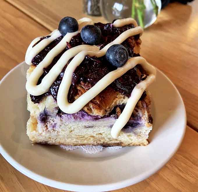 The blueberry coffee cake with cream cheese drizzle makes a compelling case for dessert at breakfast, and who are we to argue?