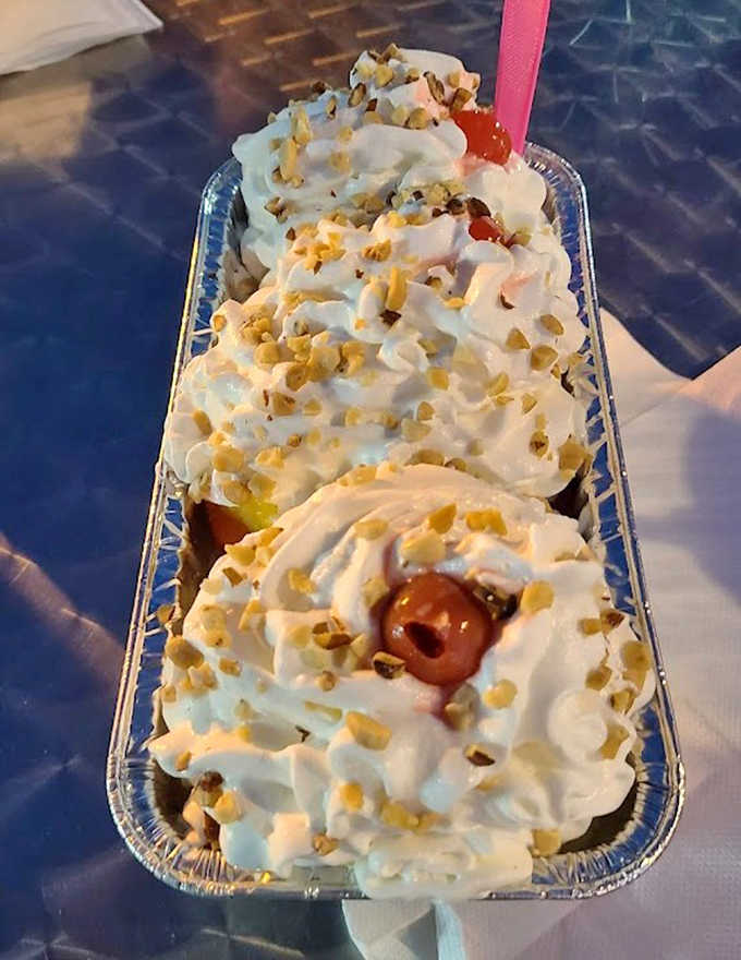 The Banana Split arrives like a dessert parade &ndash; three scoops of custard flanked by banana, topped with whipped cream and awaiting your first delighted bite.