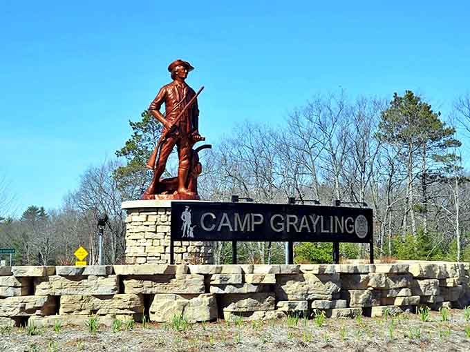 The Camp Grayling monument honors military heritage, standing proud against Michigan's blue skies.