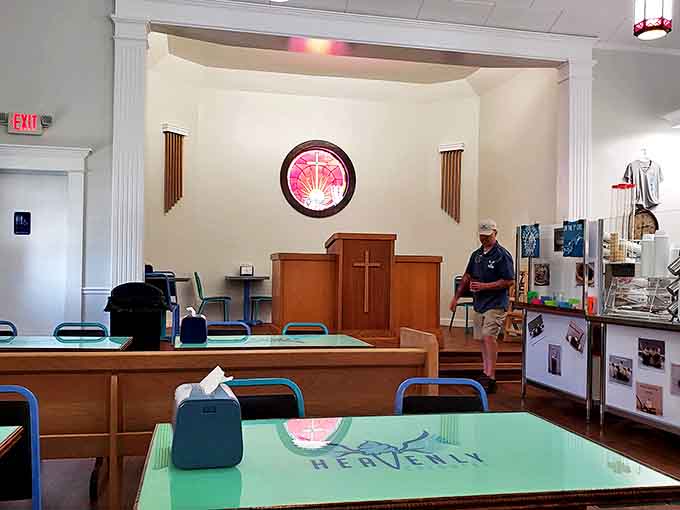 The former church sanctuary now serves a different kind of communion. Original pews and turquoise tables invite contemplation of life's sweeter mysteries.