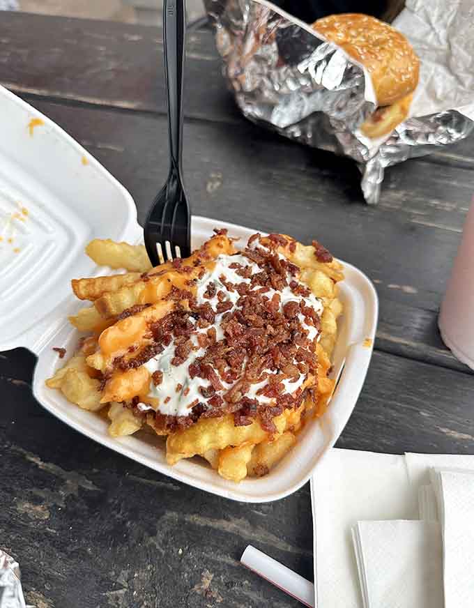 Crinkle fries topped with what appears to be bacon and cheese, because apparently someone decided fries needed to be even more amazing.