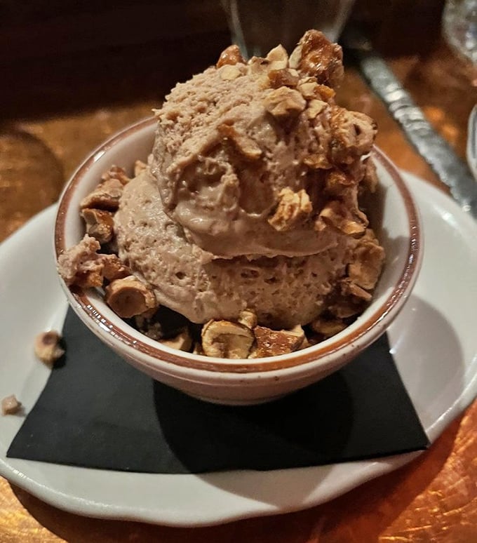 Chocolate gelato with hazelnuts &ndash; the dessert equivalent of a standing ovation, rich and nutty with textural surprises in every spoonful.