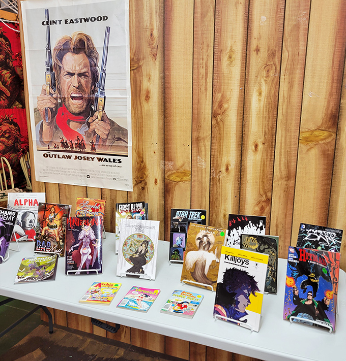 Comic book heaven beneath Clint Eastwood's watchful gaze. These aren't just comics—they're portable time machines to simpler Saturday mornings.