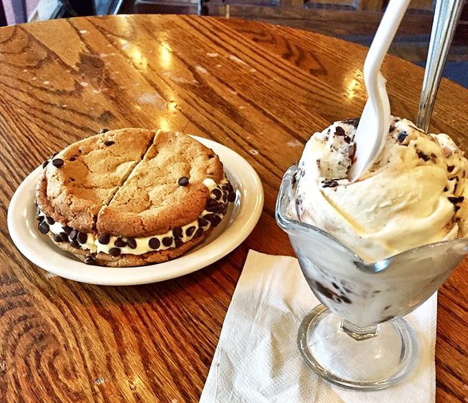 A warm cookie ice cream sandwich next to a sundae, because choosing just one dessert is for amateurs.
