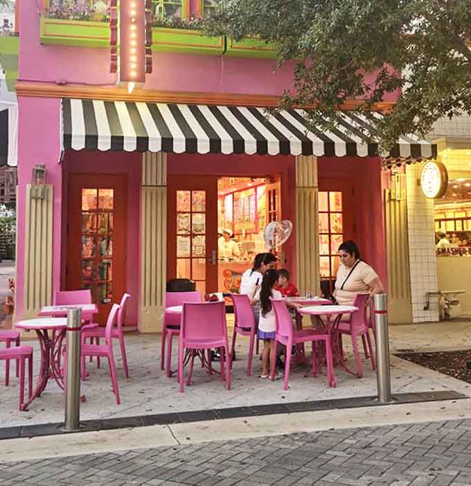 The outdoor seating area transforms ordinary ice cream eating into a pink-hued social event &ndash; calories don't count when consumed in such cheerful surroundings.