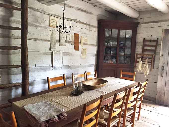Frontier families gathered around tables like this for meals that required hours of preparation and represented genuine daily accomplishments.