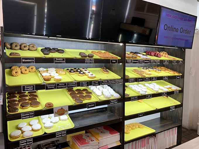 The donut display case &ndash; where dreams are made, diets are forgotten, and the hardest decision of your day awaits behind spotless glass.