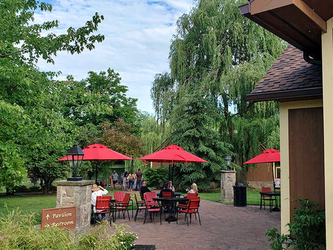Red chairs invite lingering conversations under shady umbrellas, where time slows down and nobody's checking their watch or their phone.