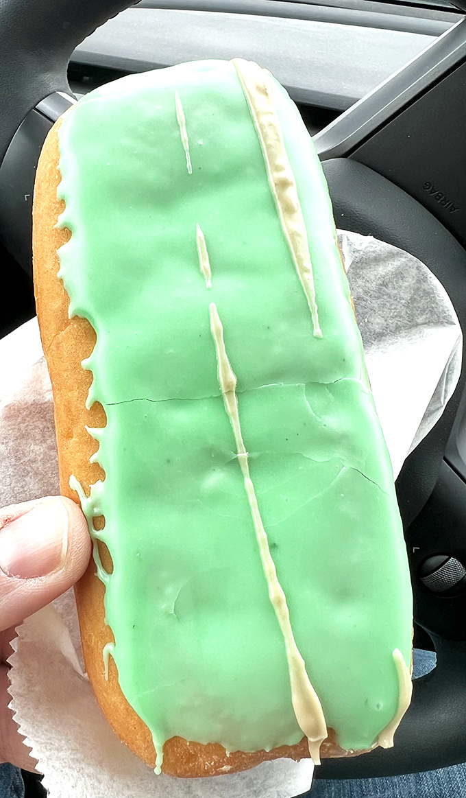 This mint-iced long john isn't just a donut &ndash; it's a conversation piece that asks, "Why settle for chocolate when you can go green?"