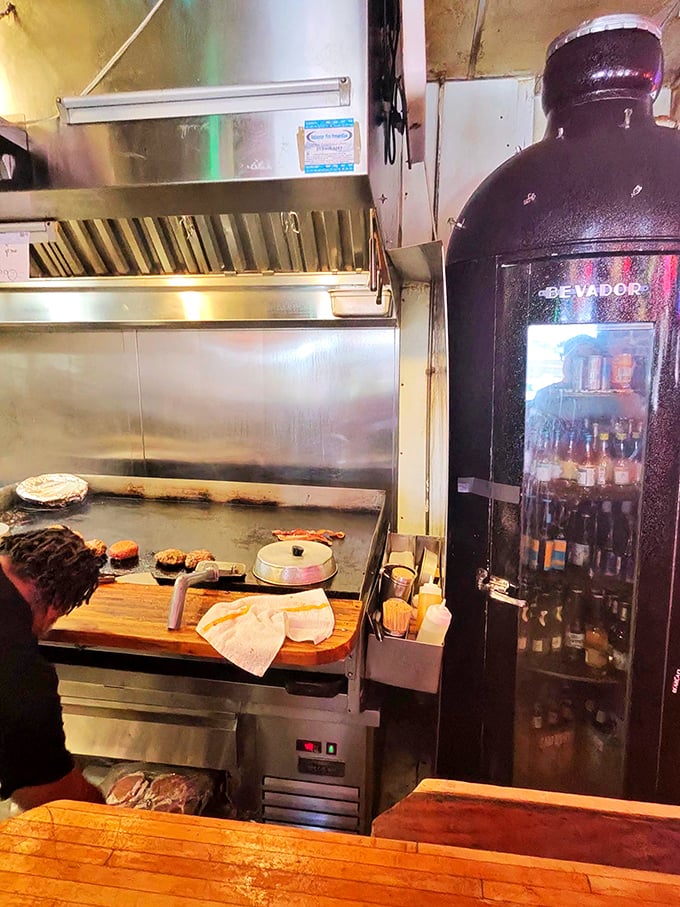 Grill Station: Where the magic happens&mdash;burgers sizzle on the well-seasoned flat top while buns wait their turn for a quick toast.