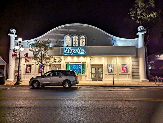 The Lyric Theatre's curved fa&ccedil;ade and glowing marquee add vintage glamour to Main Street after dark &ndash; Hollywood magic with Midwestern charm.