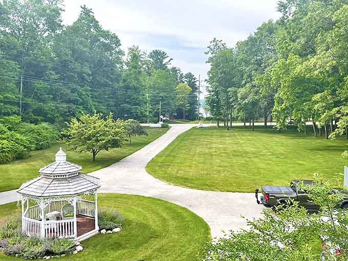 The Hexagon House's pristine grounds and classic gazebo offer a glimpse of genteel relaxation from a less hurried era.