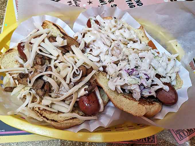 These hot dogs, adorned with saut&eacute;ed mushrooms and creamy slaw, prove that even simple street food can achieve gourmet greatness.