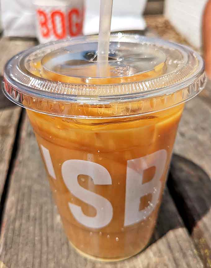 The iced latte provides the perfect bitter counterpoint to sweet doughnuts, like the straight man in a comedy duo.