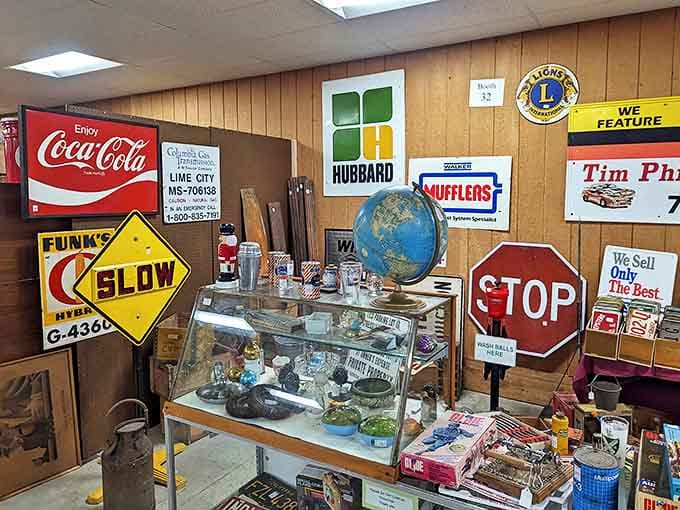 Vintage advertising signs create a real-life Mad Men gallery, showcasing an era when Coca-Cola, Texaco, and local businesses competed for roadside attention.