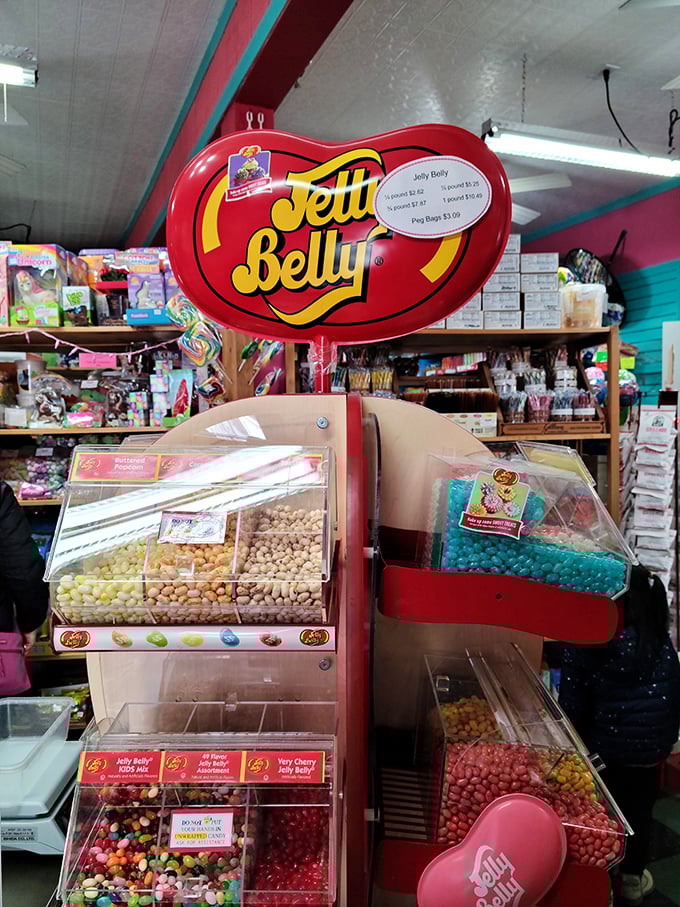 The Jelly Belly display showcases tiny beans of flavor perfection, each one a miniature miracle of culinary engineering and color coordination.