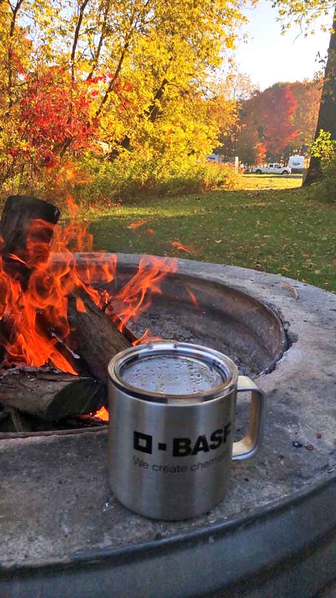 Morning coffee tastes infinitely better beside a campfire, with autumn's golden palette providing the perfect backdrop for fireside contemplation.