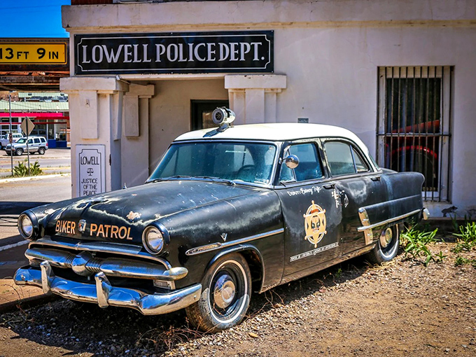 Law and order, vintage style &ndash; the Lowell Police Department's classic cruiser stands perpetual guard outside headquarters.