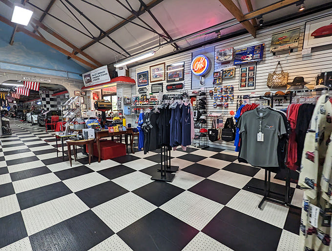 The retail section offers everything from apparel to accessories, letting you take home a piece of automotive history without the restoration costs.