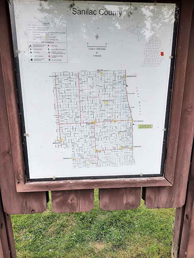 Sanilac County unfolds in miniature on this weathered map, a humble guide to adventures waiting beyond the shoreline.