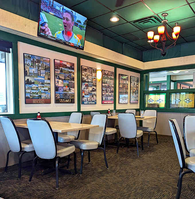 The dining area's Ireland-inspired d&eacute;cor creates a cozy atmosphere where strangers become friends over plates of comfort food and endless coffee refills.