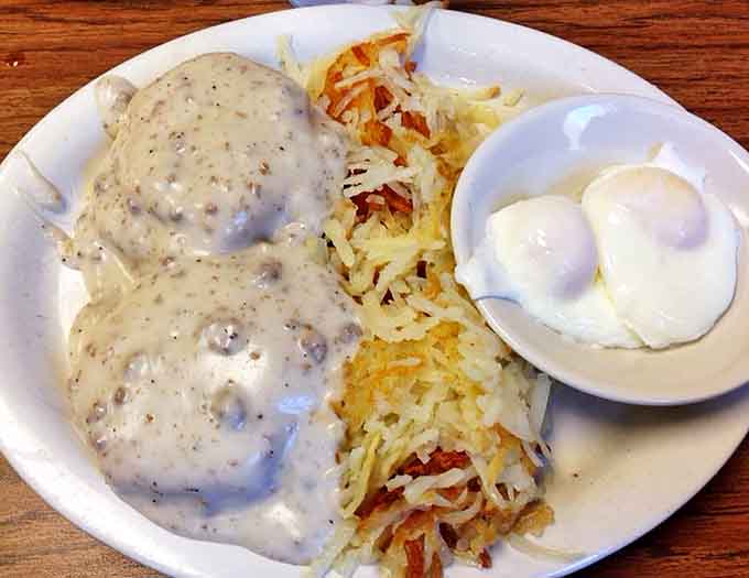 A hearty omelet that could fuel a lumberjack, paired with hash browns so crispy they practically sing when your fork hits them.