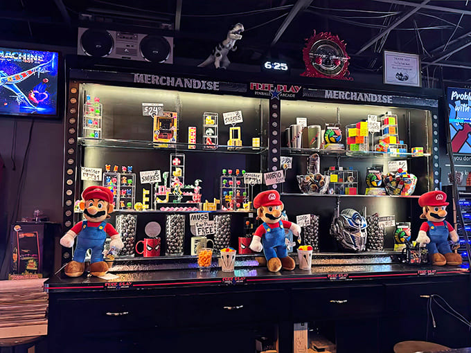 The merchandise counter showcases gaming treasures and Mario plushies, tempting visitors to take home more than just memories.