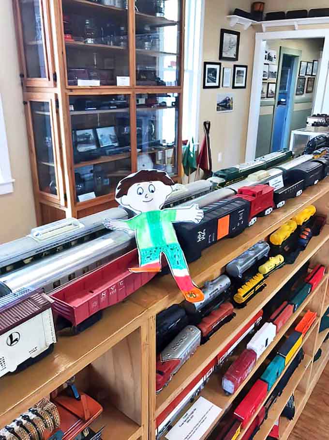 Flat Stanley makes an appearance among model trains, proving this museum embraces all forms of Americana and childhood nostalgia.