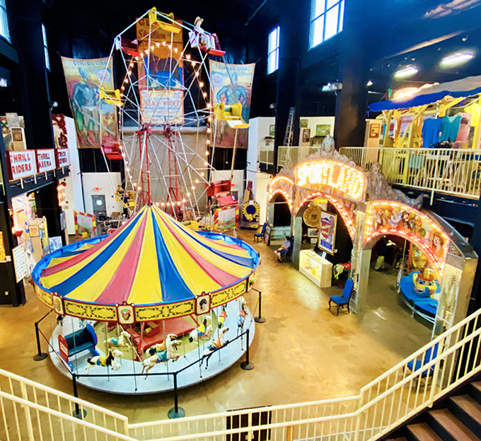 From this vantage point, the museum reveals itself as a three-ring circus of memories, each exhibit competing for your attention like carnival barkers of old.