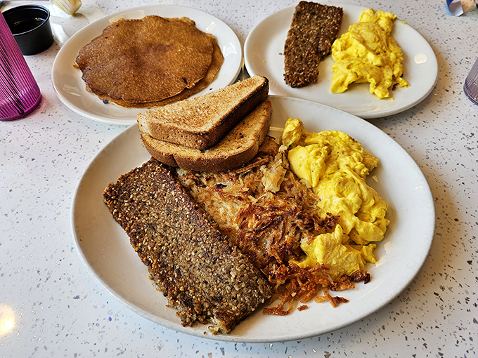 Pancake Combo: Breakfast's greatest hits album on a single plate &ndash; eggs, meat, toast, and those legendary pancakes that have launched a thousand return visits.