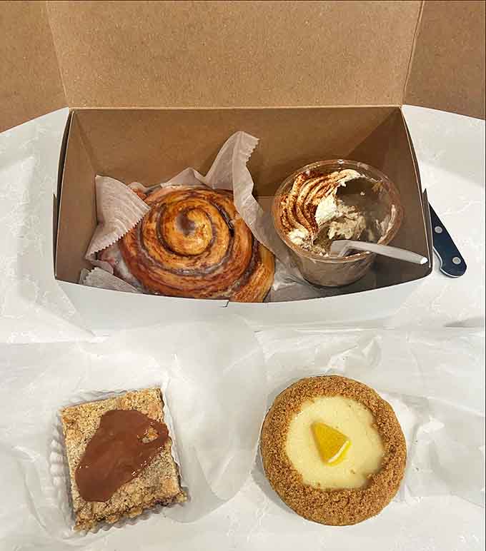 The ultimate breakfast of champions: a spiral of cinnamon-laced pastry, a square of nutty sweetness, and a tart that brings sunshine to cloudy mornings.