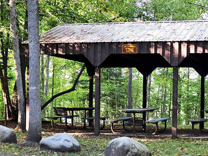 This rustic picnic shelter has witnessed countless family gatherings, romantic picnics, and the timeless joy of eating outdoors.