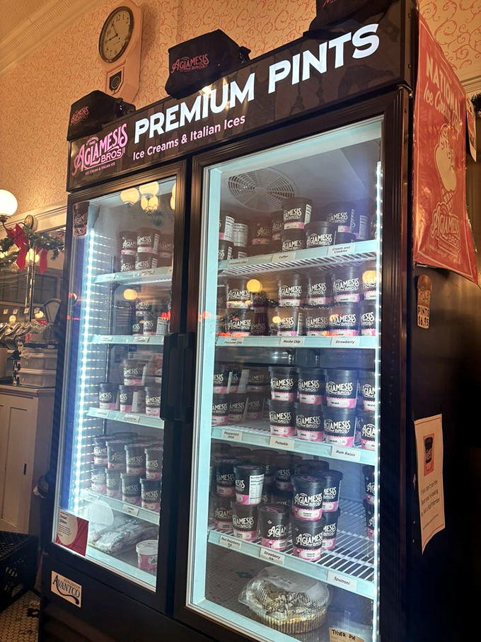 The freezer case filled with take-home pints &ndash; modern convenience meets old-fashioned quality for those emergency ice cream situations we all face.