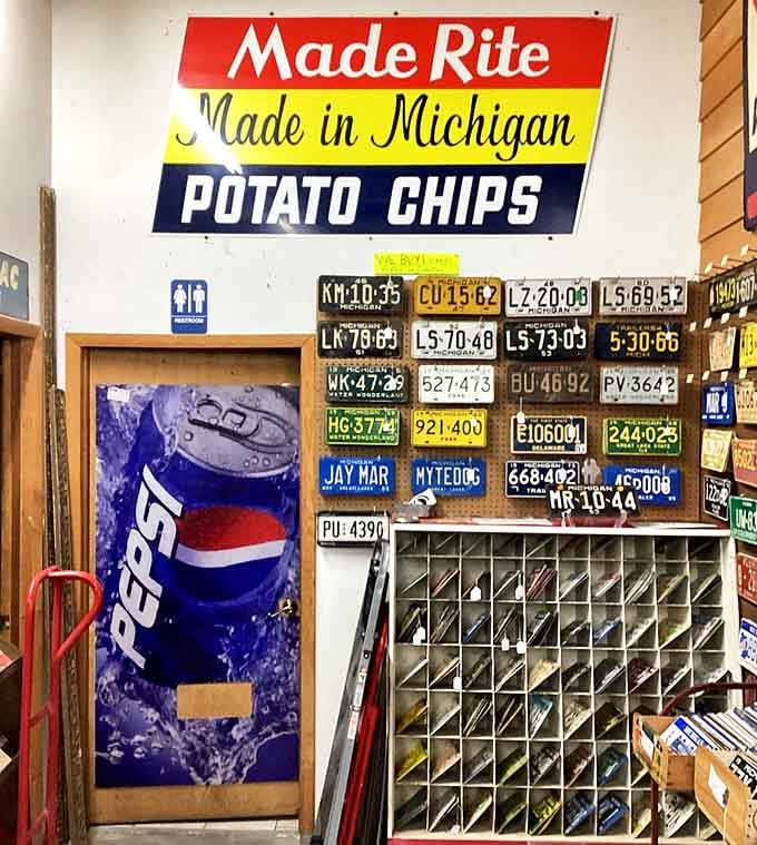 Made Rite potato chips sign recalls when snacks were local affairs &ndash; surrounded by license plates that have witnessed decades of Michigan road trips.
