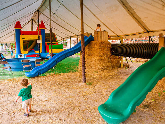 The play area features slides, hay bales, and endless opportunities for energetic exploration. Where kids burn energy while parents contemplate another scoop.