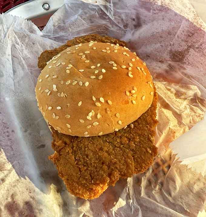 The pork tenderloin sandwich: a Midwest classic that proudly refuses to acknowledge the boundaries of its bun. Worth every napkin.