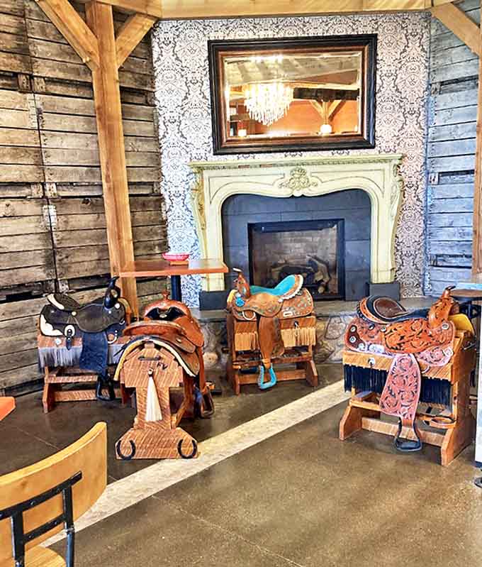 Giddy up to this fireplace lounge where Western-inspired seating meets wine country elegance in unexpected harmony.